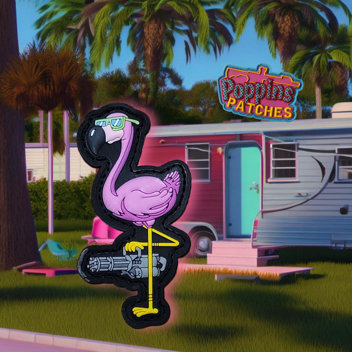 Mini Gun Flamingo Morale Patch – Poppins Patches